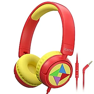 ELECDER i43 Kids Headphones with Microphone 85dB 94dB Volume Limited 3.5mm Jack Foldable Adjustable Wired On Ear Headphones for Children Girls Boys Teens Cellphones PC Kindle School Tablet Red/Yellow