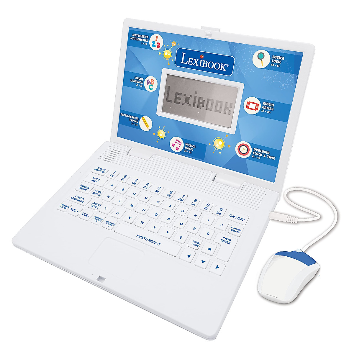 Lexibook, Educational and Bilingual Laptop Italian/English, Toy with 124 Activities to Learn Mathematics, Dactylography, Logic, Clock Reading, Play Games and Music, White, JC598i5