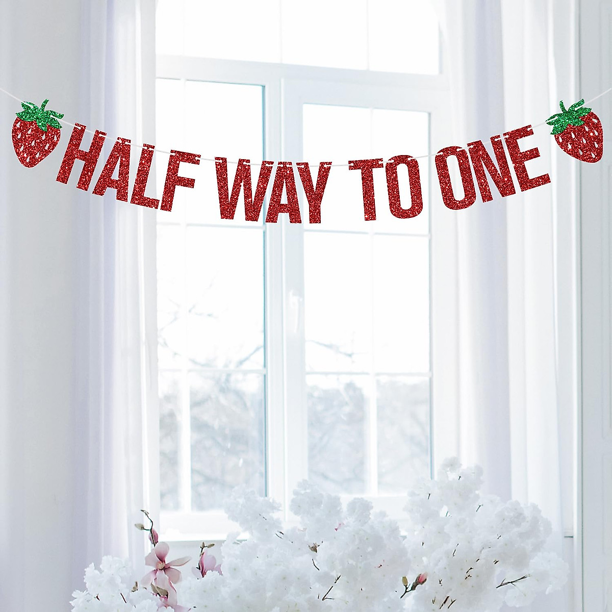 Strawberry Half Way to One Banner, 6 Months Birthday Decorations, Berry Sweet Half Birthday, Strawberry Themed Baby Shower Party Decorations, Red Glitter