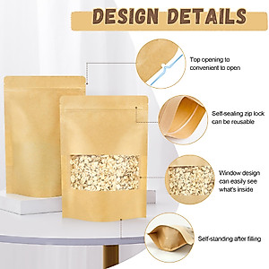 TROUSKAIG Reusable Food Storage Bags, Resealable Bags for Food, 50 PCS 3.5"×5.5" Kraft Paper Bags with Window,Stand Up Pouches, Brown Paper Bags for Food Packaging Bags Sample Bags for Small Business