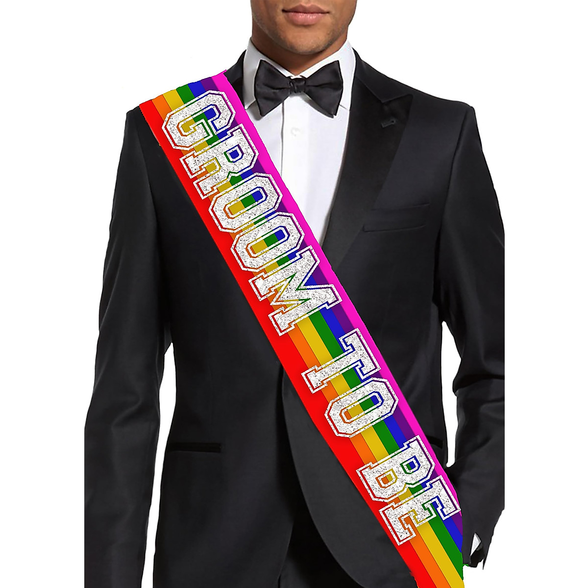 Gay Groom Bachelor Party Supplies - Silver Sparkle Sporty Groom To Be PREMIUM GRADE Rainbow Satin Sash - LQBTQ+ Pride Month Decorations - Rainbow Sash (GRM) RBW