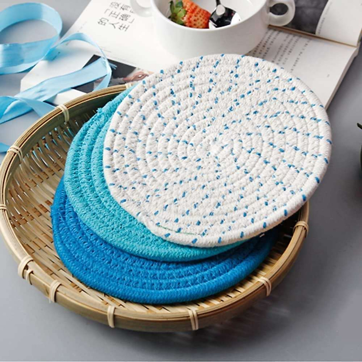 Kitchen Pot Holders Set Trivets Set 100% Pure Cotton Thread Weave Hot Pot Holders Set (Set of 3) Stylish Coasters, Hot Pads, Hot Mats, Spoon Rest for Cooking and Baking by Diameter 7 Inches (Blue)