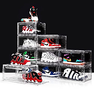 12 Pack Acrylic Clear Shoe Boxes– Ultra Clear Plastic Stackable Sneaker Storage For Sneakerhead. Professional Grade Shoe Display Case with Magnetic Door .Boots and Hat Organizer.Fits US Size 15