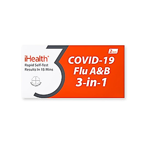 iHealth COVID-19, Flu A&B 3-in-1 Antigen Rapid Test, Results in 15 Minutes, FDA Authorized OTC Flu & COVID Home Test, with Non-invasive Nasal Swab, Easy to Use & No Discomfort (1 Pack, 2 Tests Total)