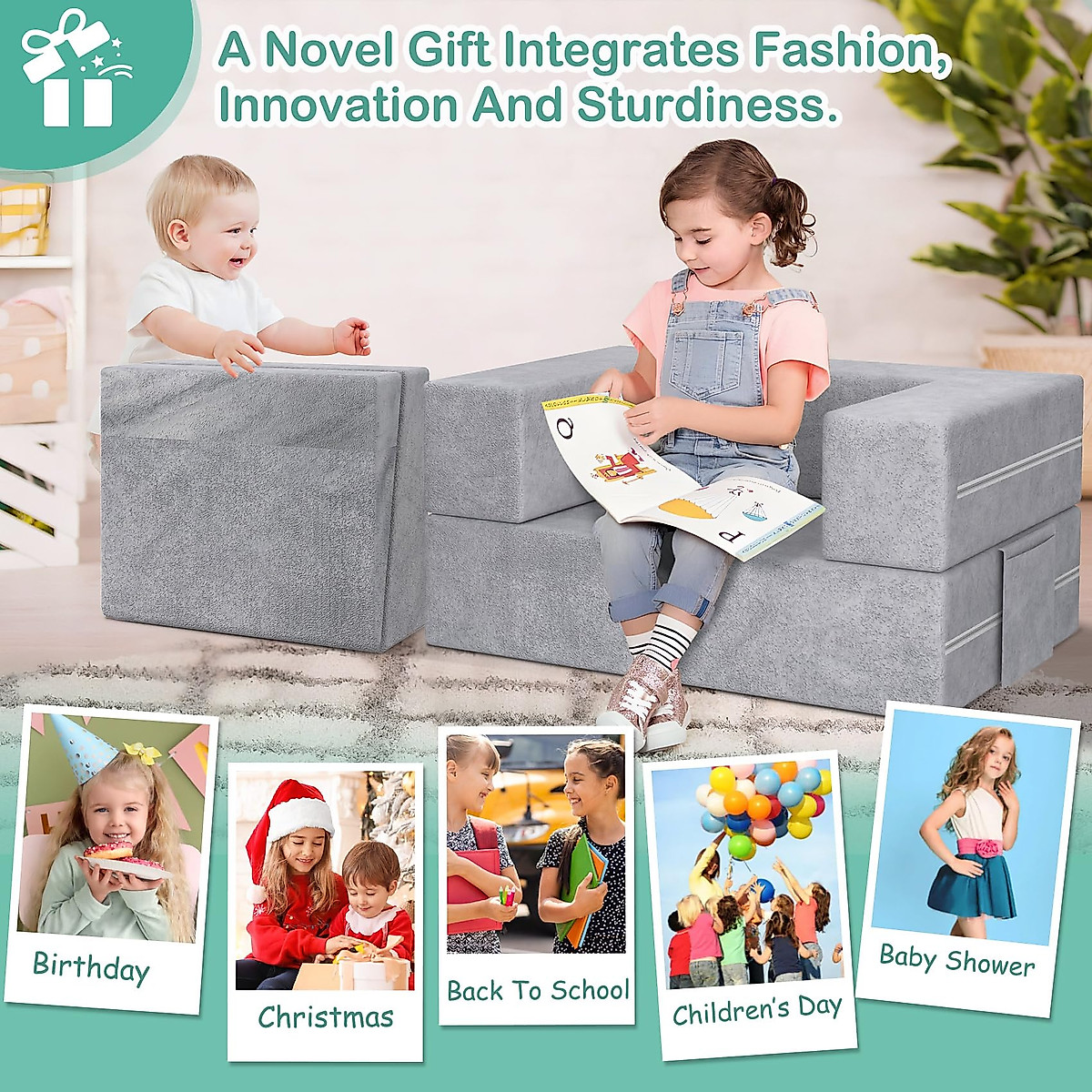 BIERUM Kids Couch, Modular Kids Play Couch with Blanket, Kids Sofa Couch with Glow Effects for Playroom & Indoor, Convertible Toddler Couch for Girls and Boys