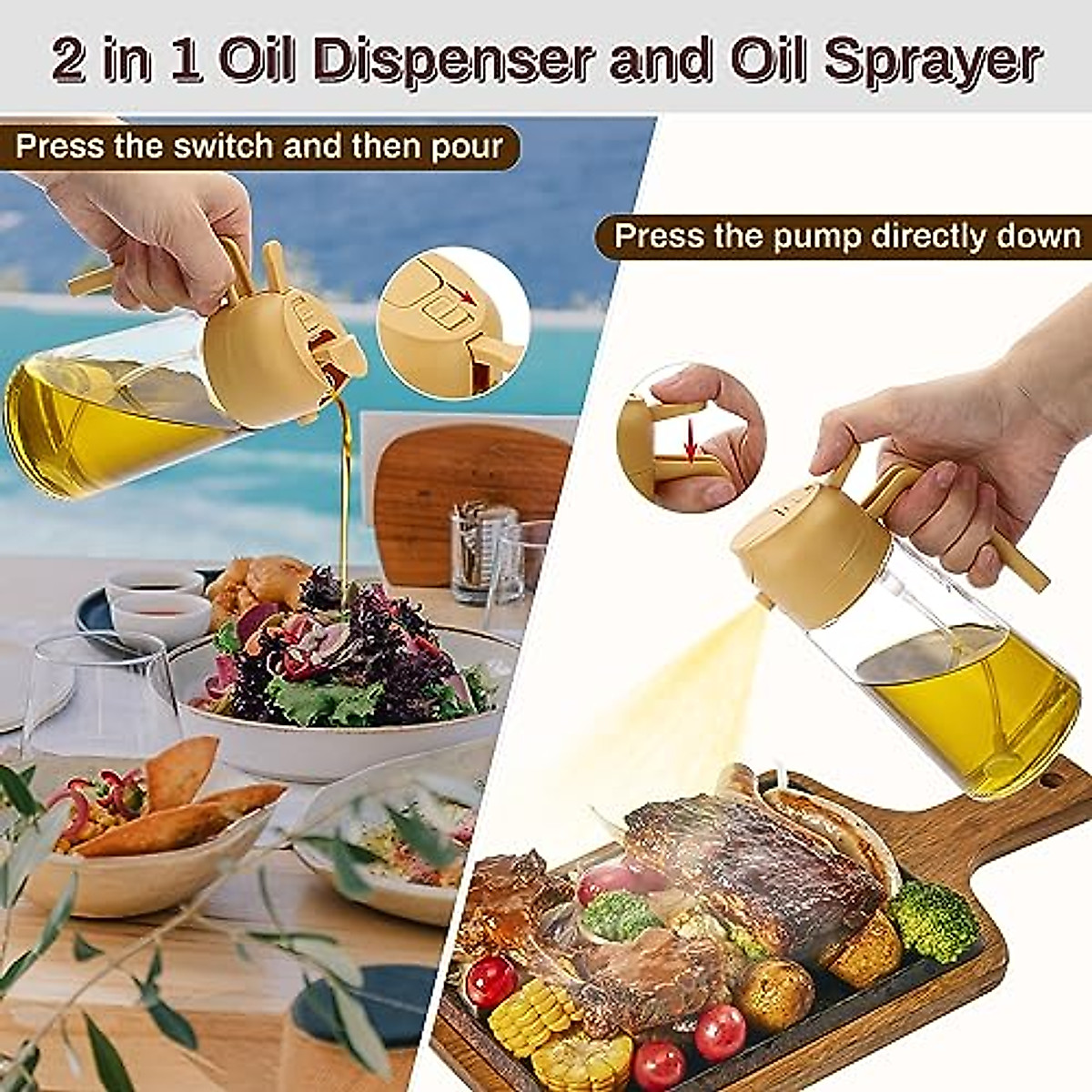 BSTKEY 17oz Olive Oil Dispenser Bottle for Kitchen, 2 in 1 Oil Dispenser and Oil Sprayer for Cooking, Oil and Vinegar Dispenser for Air Fryer BBQ Salad Baking Roasting, Orange