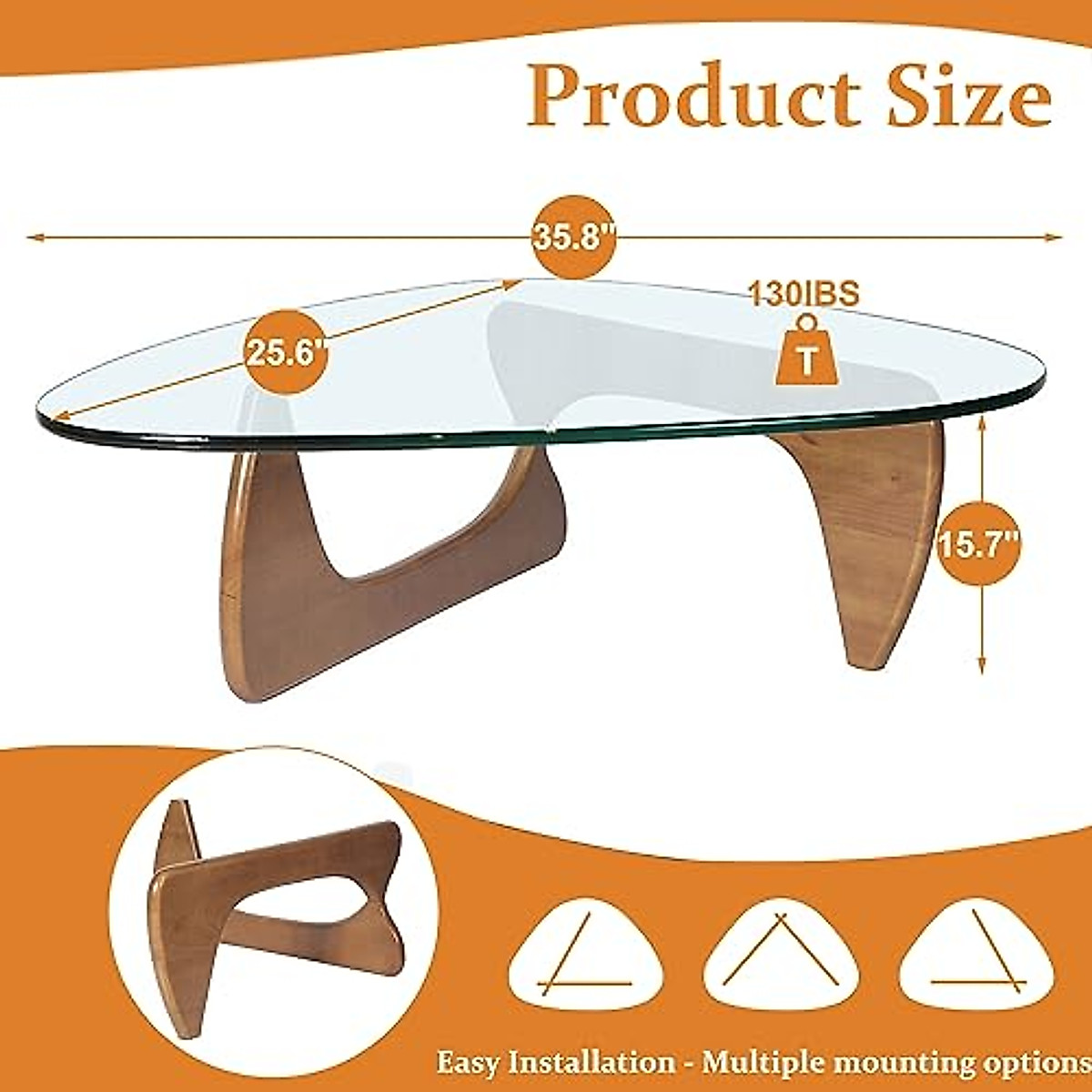 Mid-Century Modern Coffee Table - Triangle Glass Top Natural Wood Base Triangle Coffee Table for Living Room Patio Office Abstract End Tables (Walnut/Transparent, Small 32.2 * 22.4 * 16in)