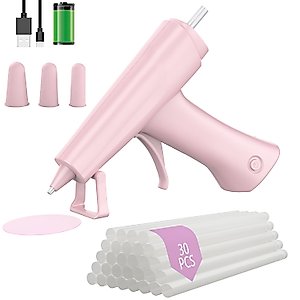 Gartree Hot Glue Gun Kit Cordless & Rechargeable with 30PCS Glue Sticks, Glue Gun and Sticks Set 10 Mins Smart Power-Off Mini Glue Gun for Crafts School DIY Projects Quick Repairs, Pink