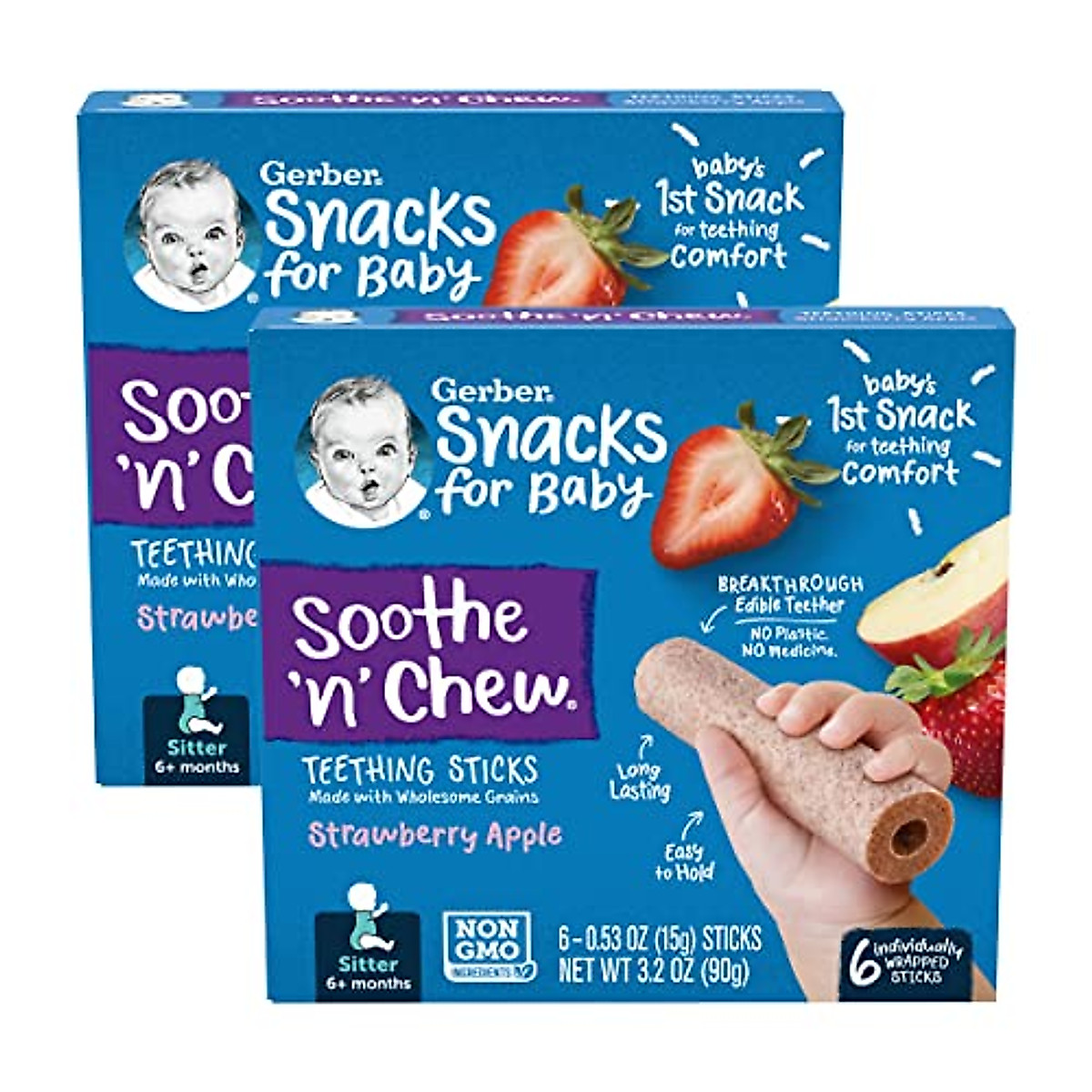 Gerber Snacks for Baby Soothe ‘n’ Chew Teething Sticks, Strawberry Apple, Made with Wholesome Grains & Non-GMO Ingredients, 6 Individually Wrapped Teething Sticks/Box (Pack of 2 Boxes)