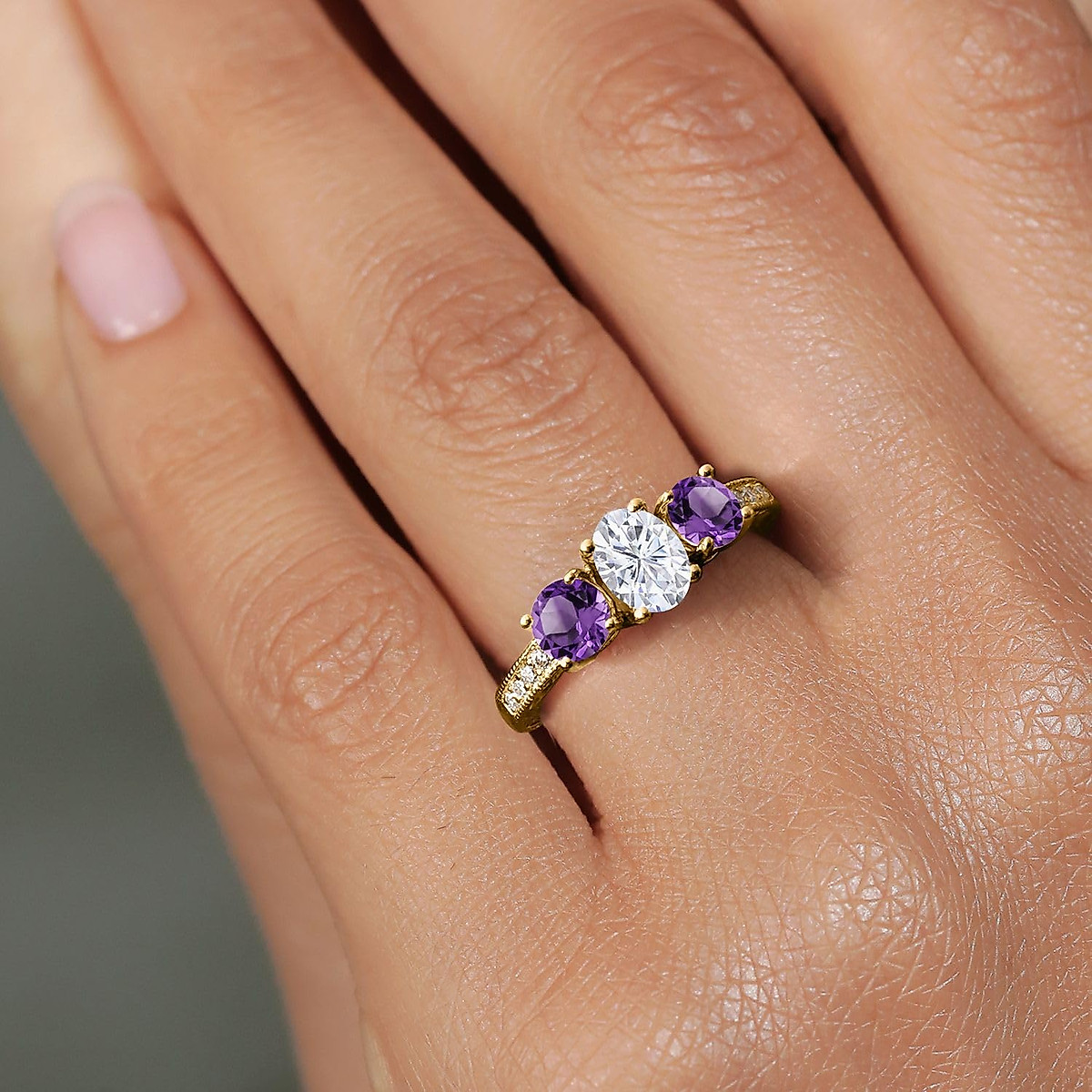 18K Yellow Gold Plated Silver 3-Stone Ring Forever Brilliant Oval 1.97cttw Moissanite by Charles & Colvard and Amethyst (Size 7)