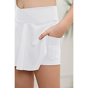 rrhss Gilrs Pleated Tennis Skirt with Pockets Kids V Crossover High Waisted Golf Skorts with Lining Shorts White