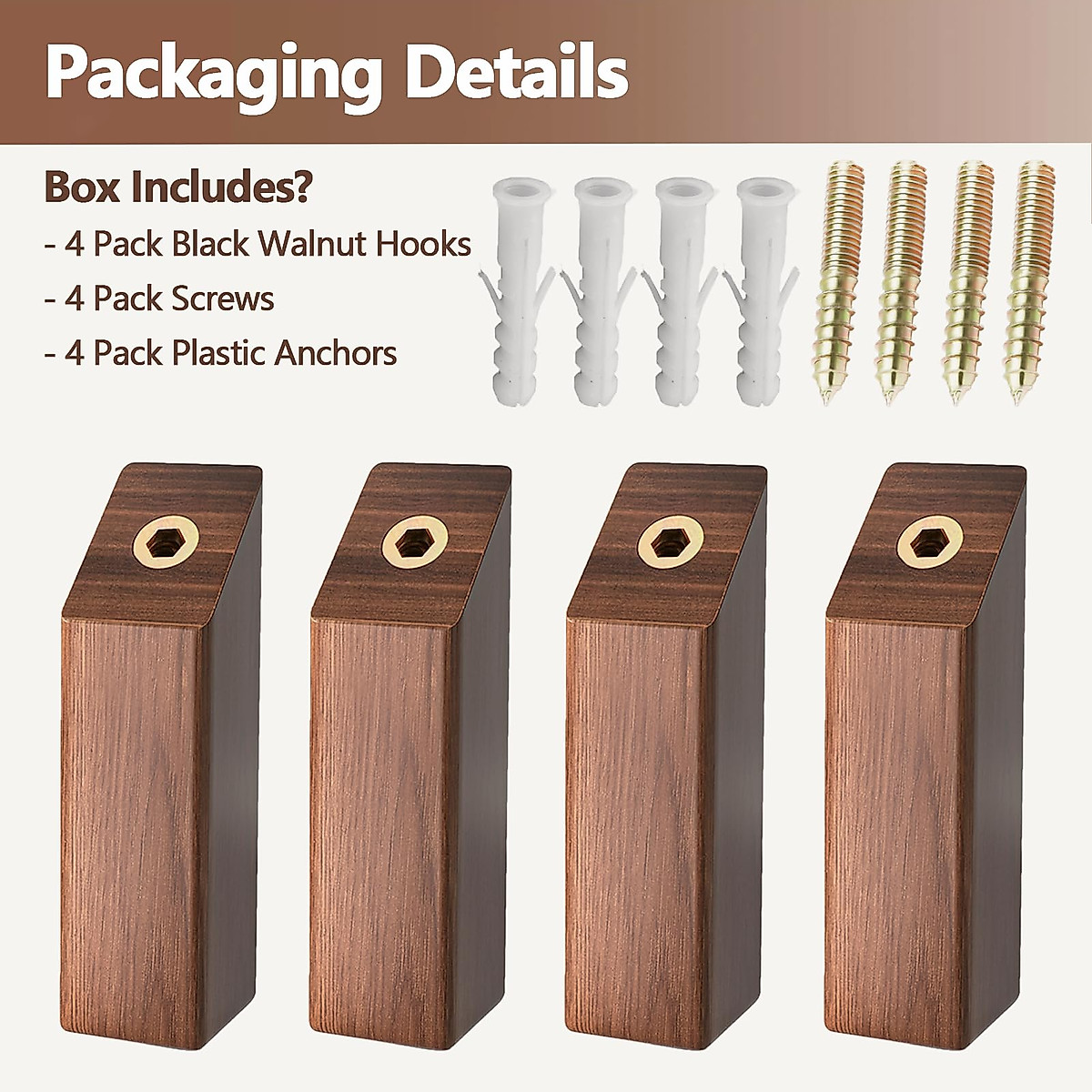 Wood Wall Hooks, 4Pack Coat Hooks Wall Mounted Rustic Wooden Hooks Natural Robe Hook Hanging Bathroom Clothes Hanger Hat & Bag Decorative Hooks Heavy Duty Entryway Wall Hangers Towel Hooks(Walnut)