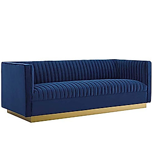 Modway Sanguine Vintage Glamour Channel Tufted Performance Velvet Upholstered Sofa in Navy