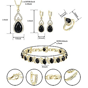 Mayfox Bridal Cubic Zirconia Open Ring Bracelet Necklace Dangle Earrings Set, Waterdrop Oval White Gold Plated Jewelry Gifts for Women Girl Black_Gold Tone