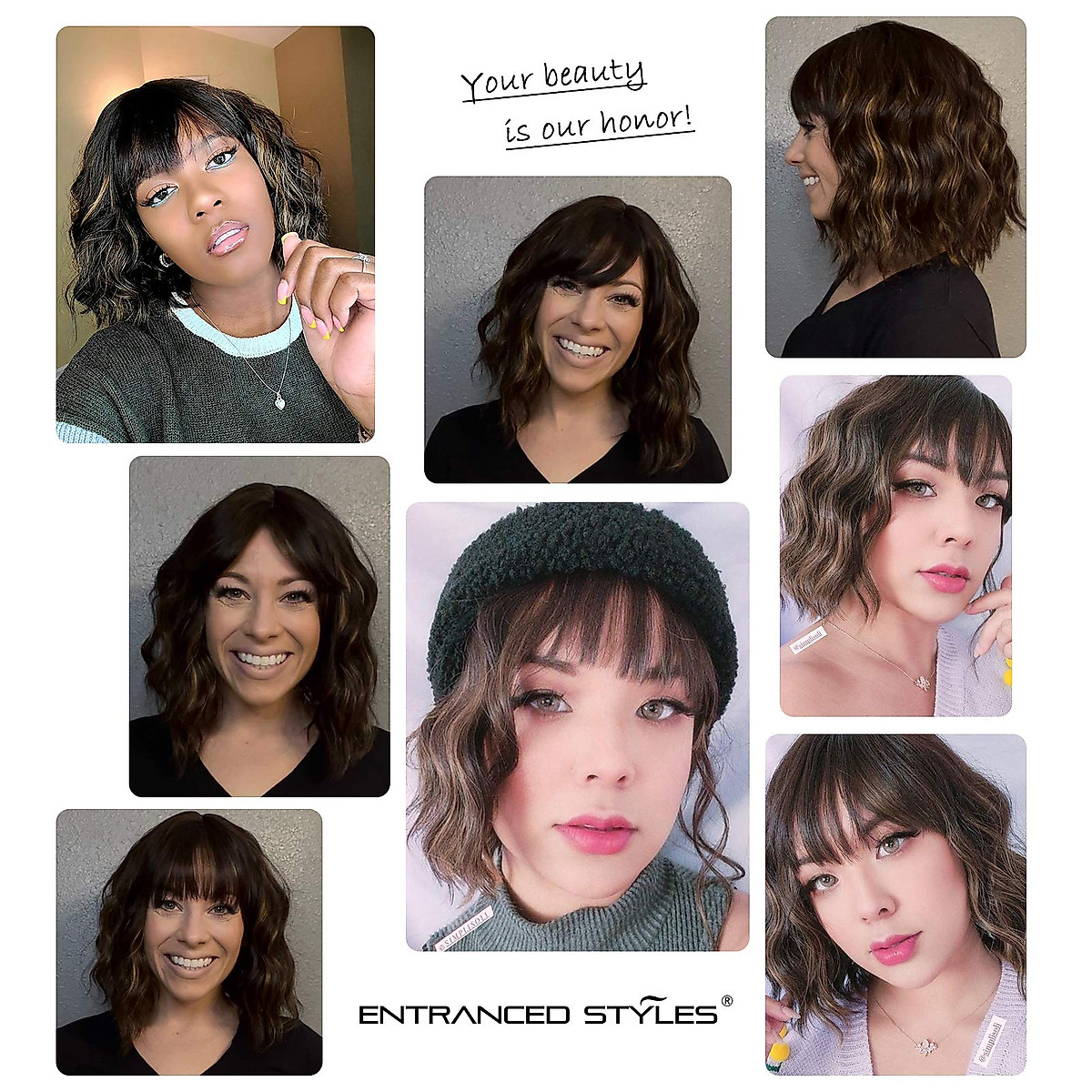 ENTRANCED STYLES Dark Brown Wigs for Women, Blonde Highlights Wig Natural Looking Short Wavy Bob Wig with bangs Medium Length Heat Resistant Synthetic Wig Daily Party Use 12”