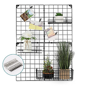 NEX Wall Grid Panel with Grid Baskets, Wire Wall Grid, Photo Picture Display, Memo Board, Wall DIY Decor Storage Organizer, 32.68'' x 23.82''