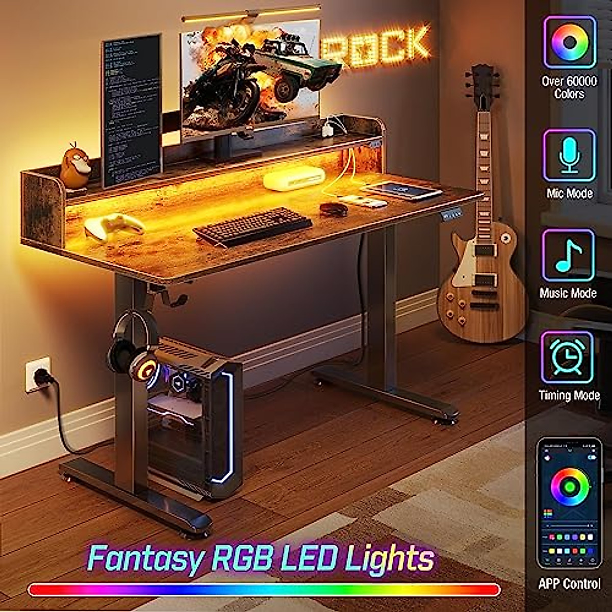 Rolanstar Standing Desk with LED Lights & Charging Station, 47.2" Height Adjustable Desk with Monitor Stand, Electric Gaming Desk with 2 Headphone Hooks, Sit Stand Home Office Desk, Rustic Brown