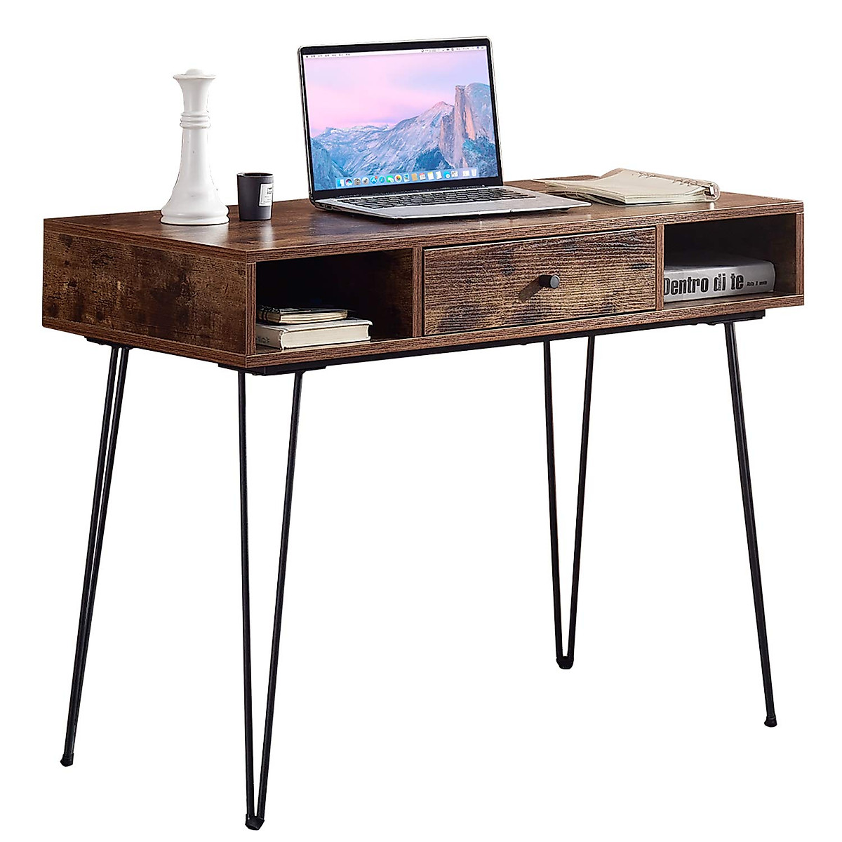 VECELO 39.3" Home Office Work Table with Drawers Computer Desk Writing/Study, 39 Inch Hairpin Legs, Retro Brown