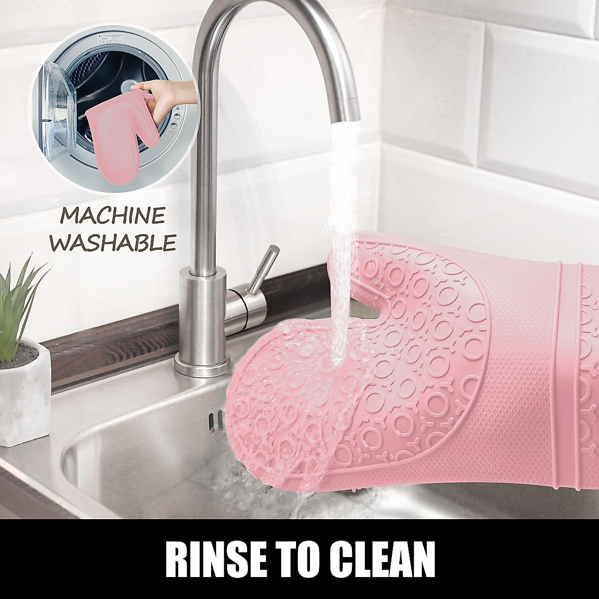 Rorecay Extra Long Oven Mitts and Pot Holders Sets: Heat Resistant Silicone Oven Mittens with Mini Oven Gloves and Hot Pads Potholders for Kitchen Baking Cooking, Quilted Liner, Pack of 6 (Pink)