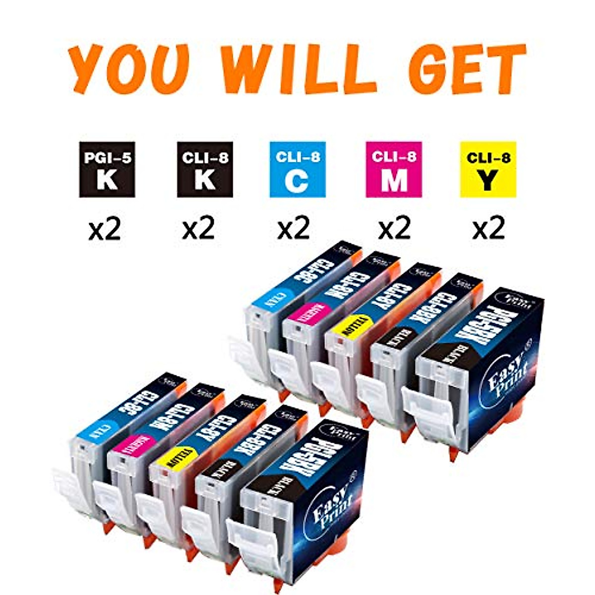 EASYPRINT 10-Pack Compatible PGI-5 CLI-8 PGI5 CLI8 Ink Cartridges Work for Canon PIXMA IP4300 IP4500 IP5200 IP6600D MP600 MP960 Pro9000 Printer (2 Big BK, 2 Small BK, 2 Cyan, 2 Magenta, 2 Yellow)