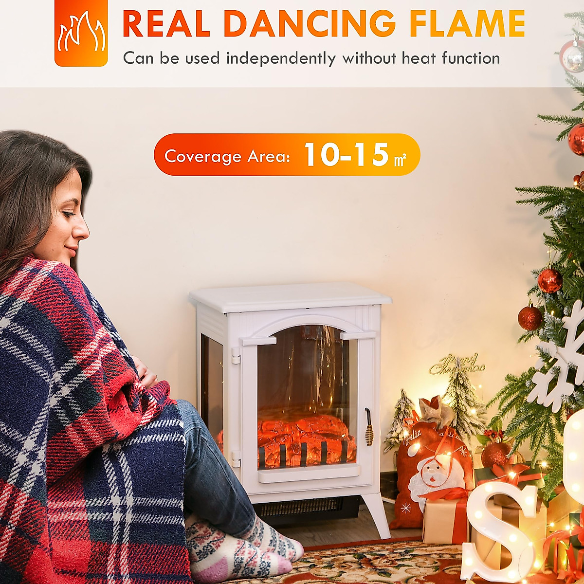 HOMCOM 23" Electric Fireplace Heater, Fire Place Stove with Realistic LED Flames and Logs and Overheating Protection, 750W/1500W, White