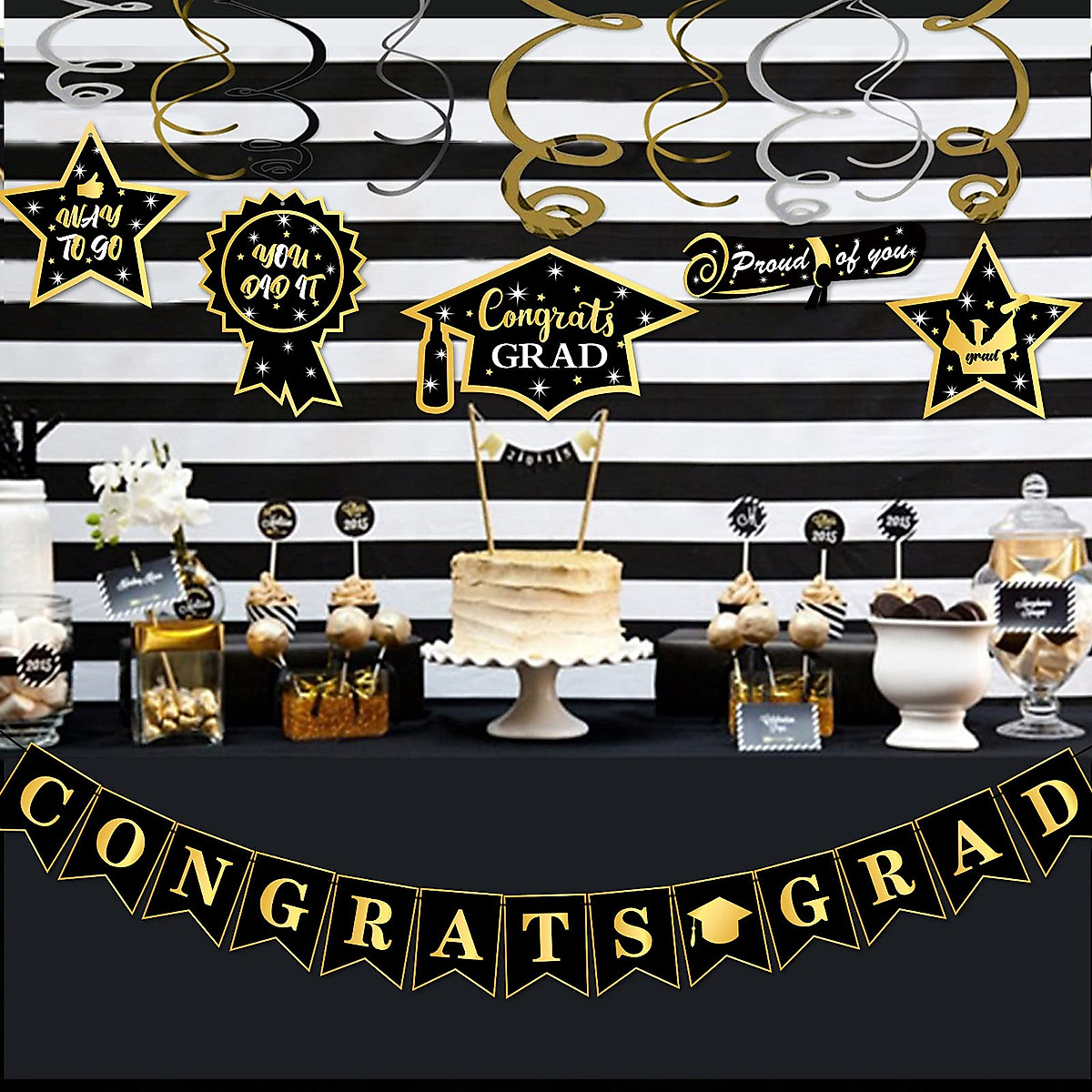 Graduation Hanging Swirl Banner Decorations Black Gold Star Banner Garland Party Supplies