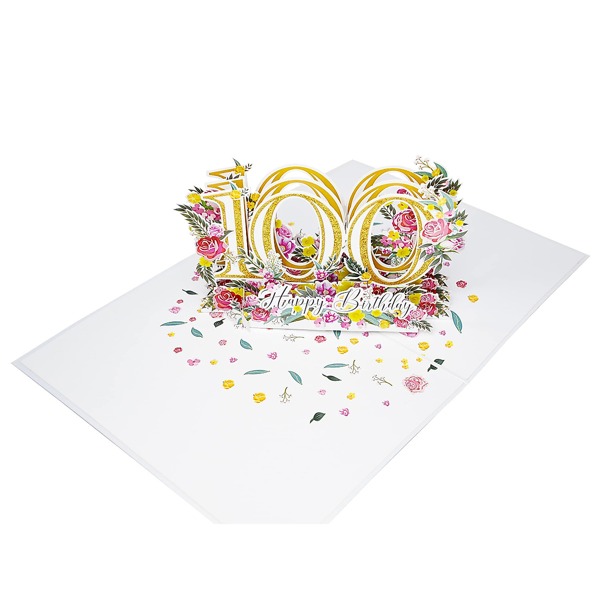 100th Birthday Pop-Up Card, Elegant Floral Design with Glittering Gold Accents, Stunning 3D Pop-Up Greeting Card for Milestone Celebrations