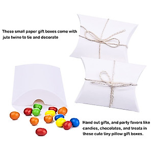 AKOAK Kraft Paper Pillow Box, Candy Favor Gift Boxes for Wedding Birthday and Christmas,Pack of 50 with 50 Pcs Jute Twines (White)