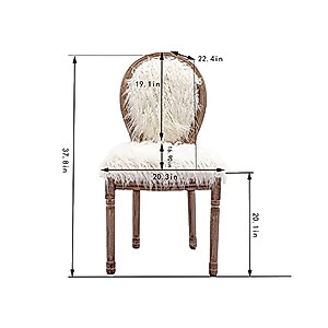 AWQM Faux Fur Dining Chairs Set of 2,Vintage Elegant French Chair with Round Back Distressed Wood,Mid Century Furry Vanity Chair,for Kitchen Dining Room Living Makeup Room, White