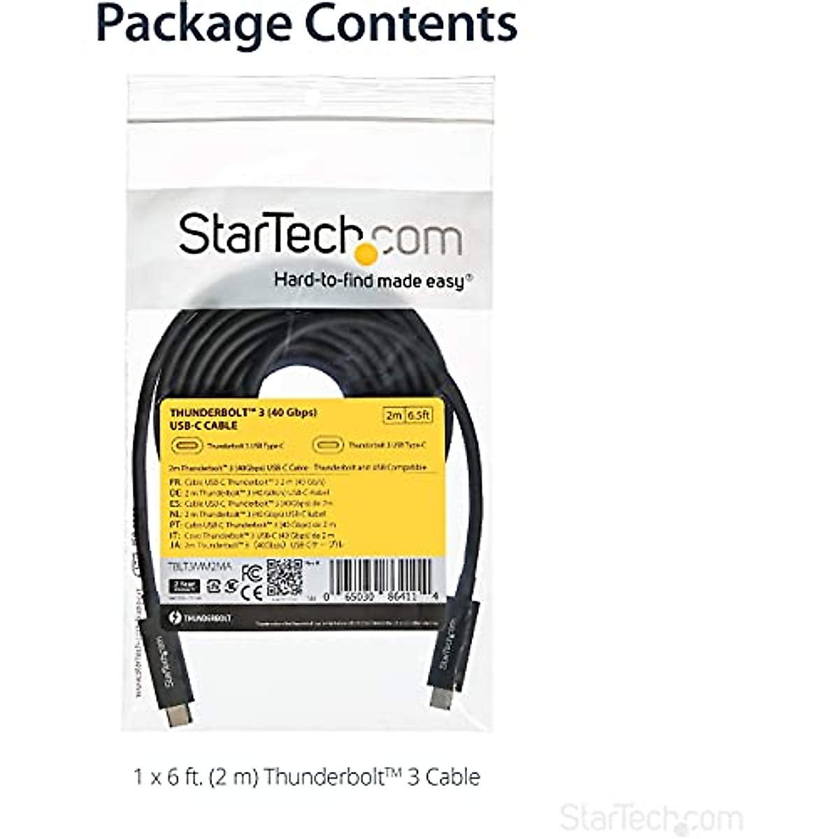 StarTech.com Thunderbolt 3 Cable - 6 ft / 2m - 4K 60Hz - 40Gbps - USB C to USB C Cable - Thunderbolt 3 USB Type C Charger (TBLT3MM2MA)