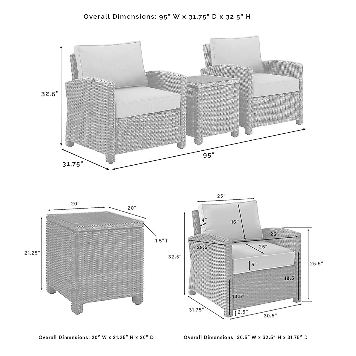 Crosley Furniture Bradenton 3-Piece Wicker Outdoor Chair Set with Side Table and Sunbrella Patio Cushions, Brown with Sunbrella Cushions