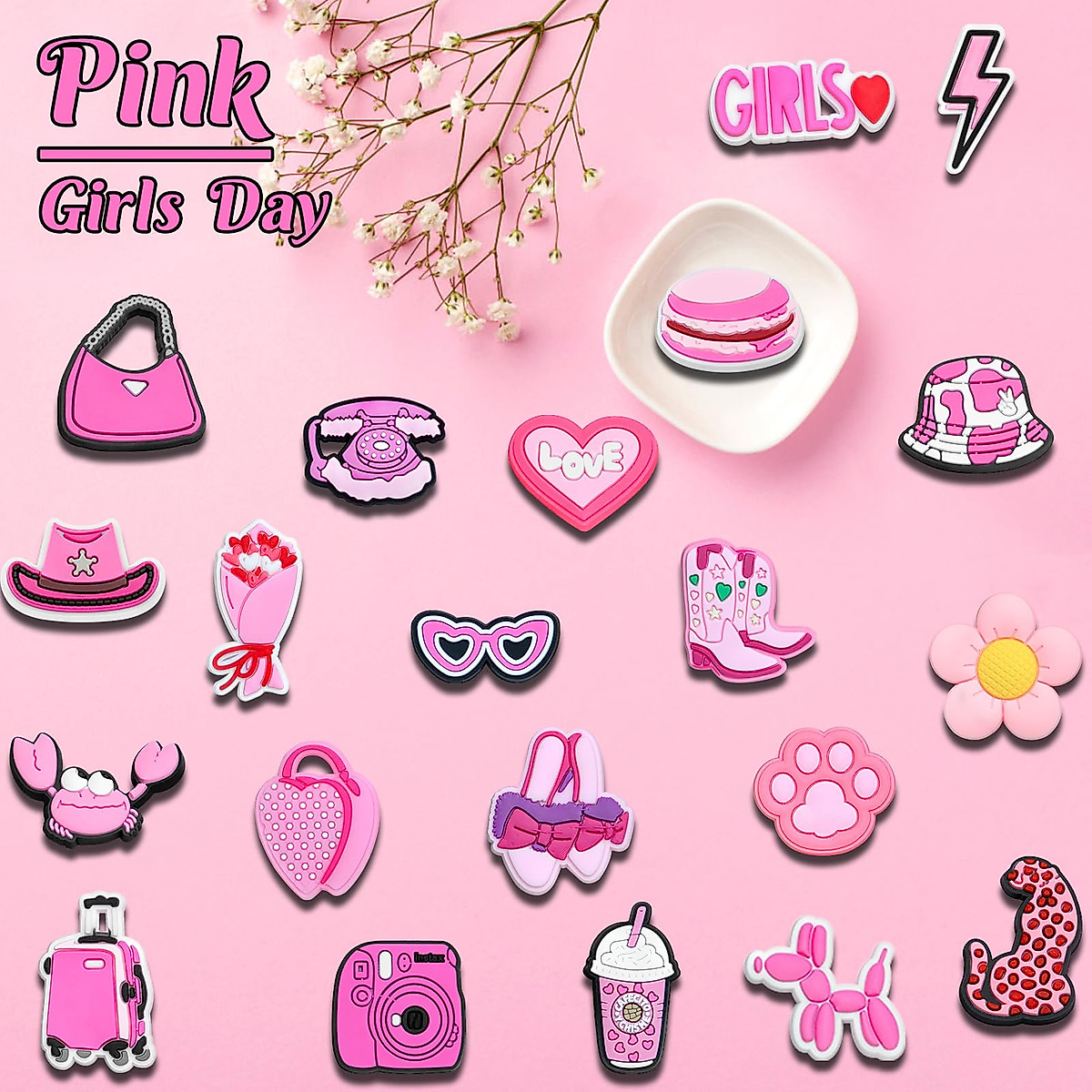 GAKSK 100 pcs Shoe Charms Cute Shoe Decoration Charms for Girls Women Not Random 100 pcs Pink Different Shoes Charm Kids Gift