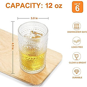 Cocktail Glasses Vintage Drinking Glasses - 12 oz Hobnail Glassware Set of 6 Raindrops Beaded Highball Glassware Romantic Water Glass Cups Suit for Whiskey Juice Beverage Dishwasher Safe Gift Package