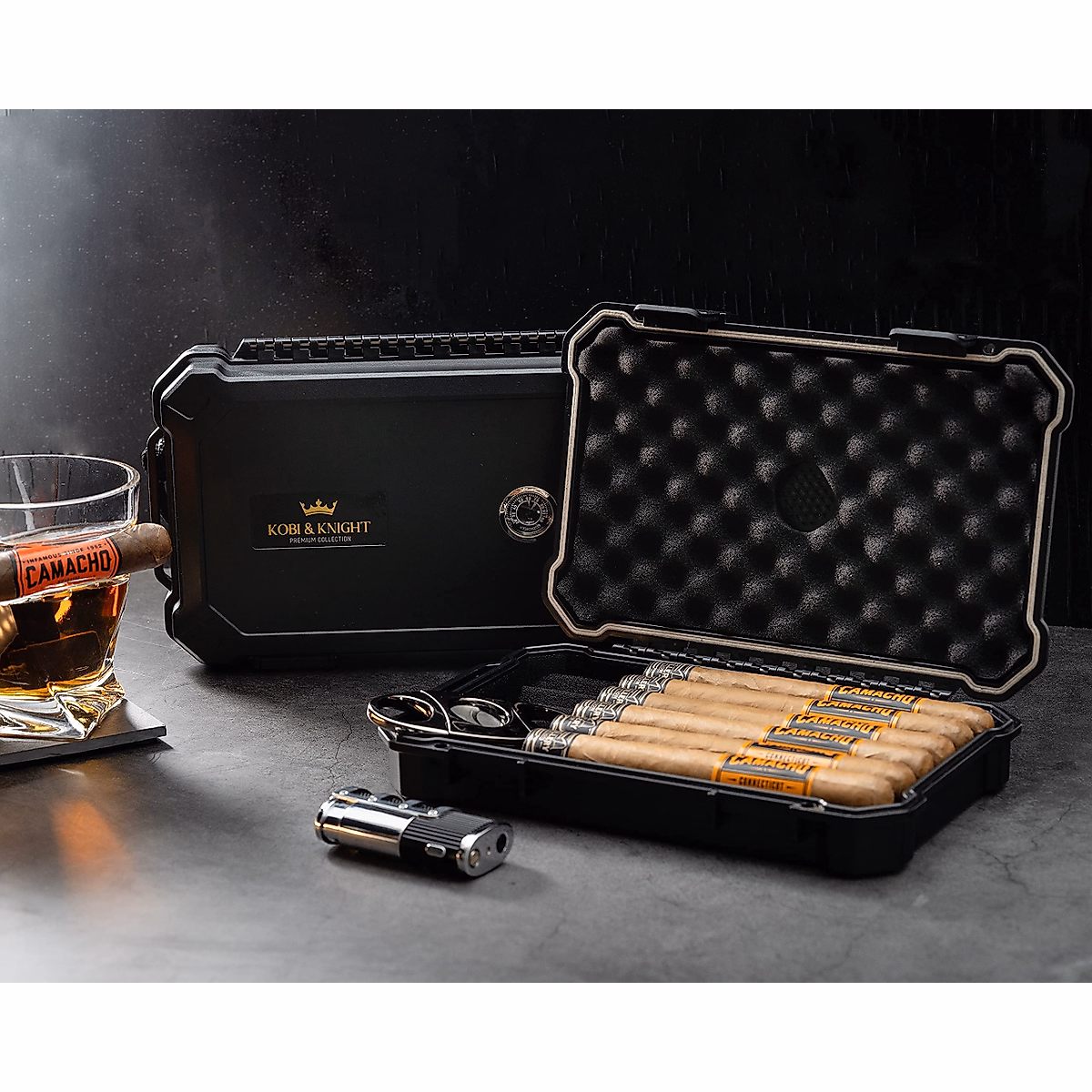 Kobi & Knight Travel Cigar Case Humidor - Case for 6 x 8-Inch Cigars -Waterproof Dustproof Portable Cigar - Shockproof Humidor Kit - Cigar Aficionados Accessories - Cigars Gift Set for Men