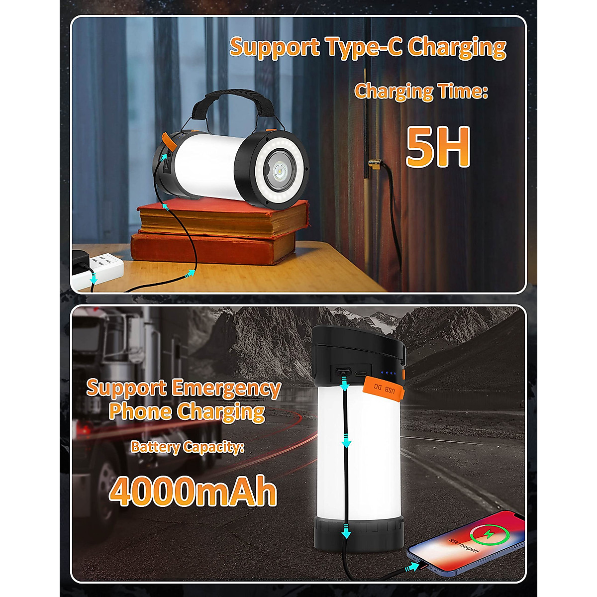 Camping Lantern Rechargeable, 4000mAh Battery Operated Lamp , LED Camping Lantern Light, Flashlight for Power Outages Hurricane Emergency, 3 Modes Tent Light Reading Lamp for Camp Home