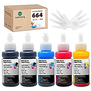JoyPrinting Epson 664 Ink Refill Bottles Replacement for T664 Ink Work for EcoTank ET-2650 ET-2500 ET-2550 ET-2600 ET-4500 ET-14000 L100 L110 L120 L200 L210 L300 L350 L355 L550 L555 Printers (5 Pack)