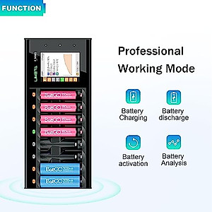 LIMETA 8 Bay AA AAA Battery Charger, LCD Display USB Fast Charging, Discharg Function, Over-Charge Protection for Household Rechargeable Batteries LiHv Ni-MH Ni-Cd LiFePO4 Li-ion