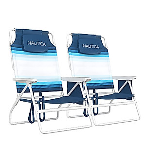 Nautica Beach Chairs for Adults 2 Pack - 5 Position Reclining Beach Chair for Sand, Lightweight, Easy to Carry + Heavy Duty, Best Adjustable & Folding Beach Chairs for Adults with Cup Holder & Pillow
