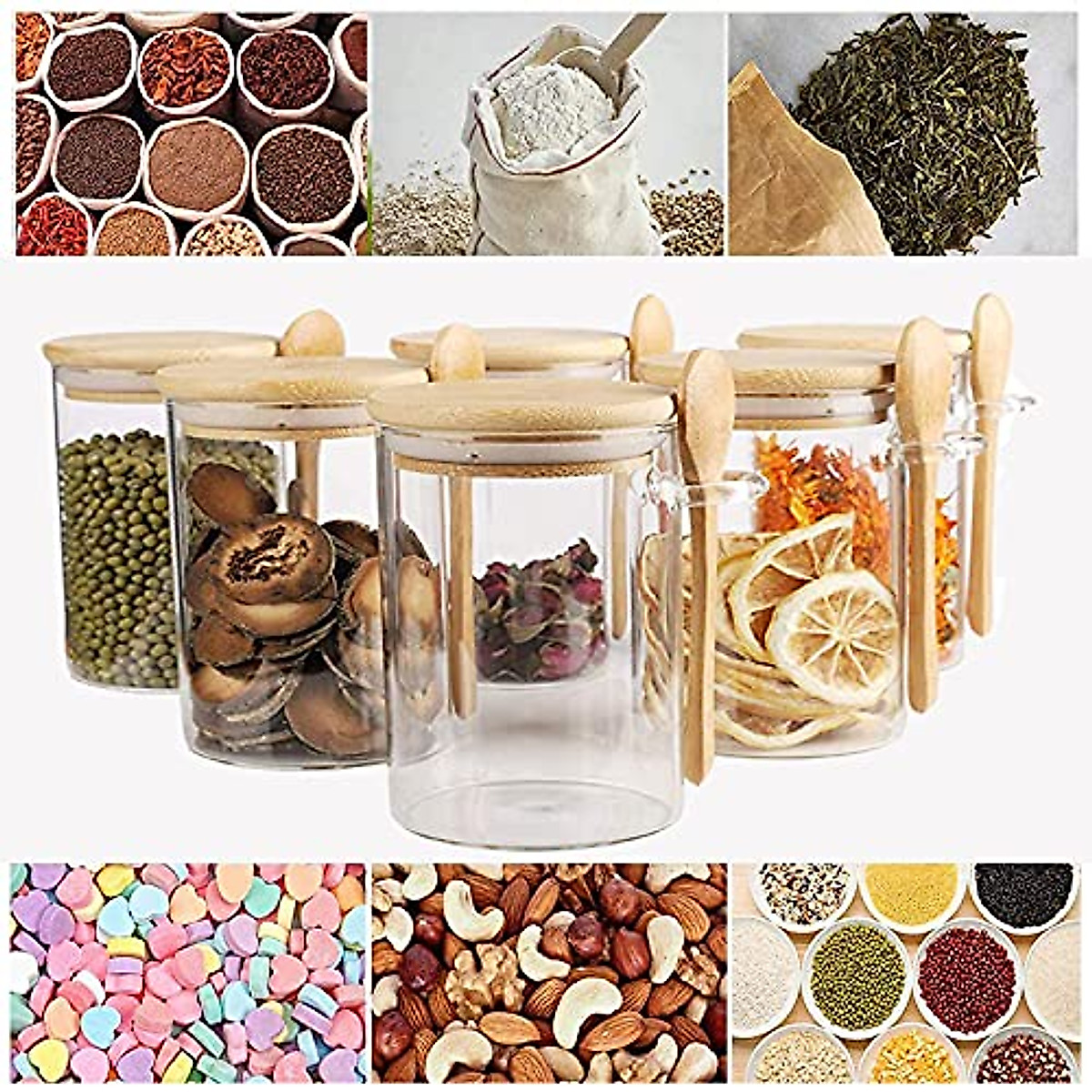 Glass Jars with Bamboo Lids and Spoon Airtight, 18.5Oz Food Storage Containers for Sugar Coffee Nuts, Glass Kitchen Canisters for Flour, Cookie, Candy, Matcha Tea, Oats and Spice Jars