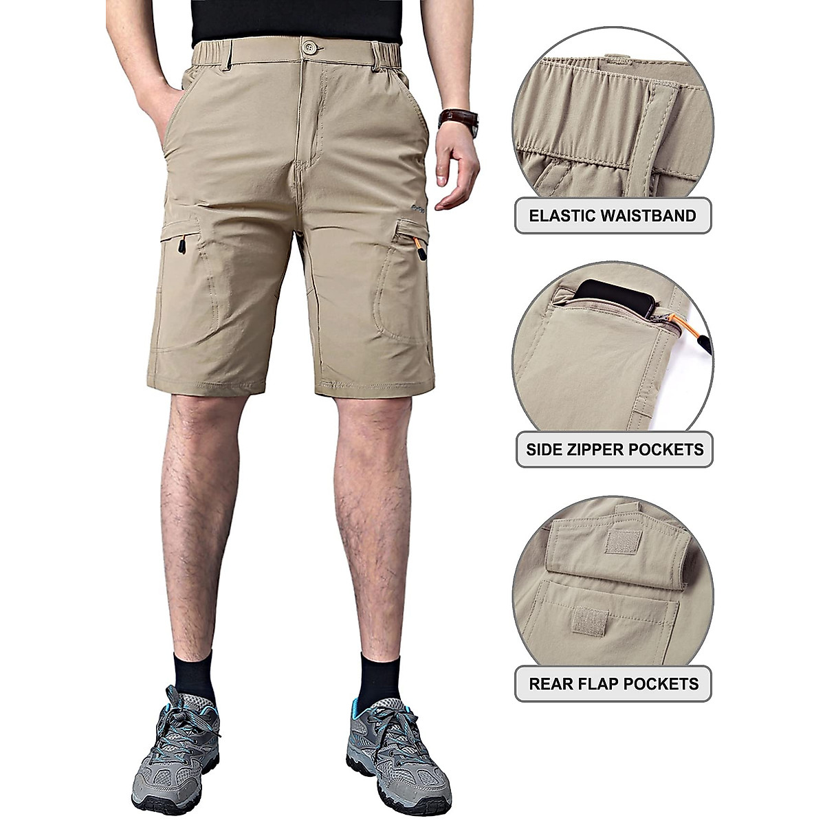 EXEKE Men's Lightweight Hiking Shorts Stretch Quick Dry Cargo Shorts with Multi Pocket 267-1XL/Khaki 32-33
