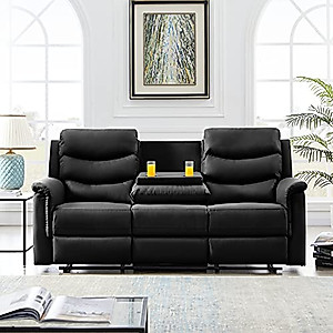 Verfur Double Recliner RV Sofa with Console |Faux Leather Motion Couch with 2 Cup Holders, 3-Seater Loveseat Couches with Flipped Middle Backrest, Home Theater Seating Living Room Furniture Sets