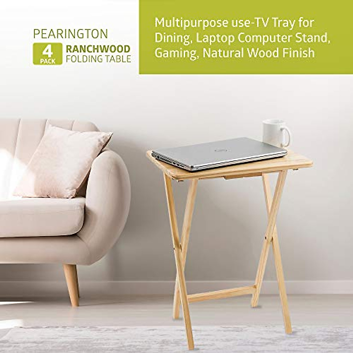 Pearington Ranchwood Folding TV Tray Table for Dining, Laptop Computer Stand, Gaming, Desk, 4-Pack, Natural Wood Finish
