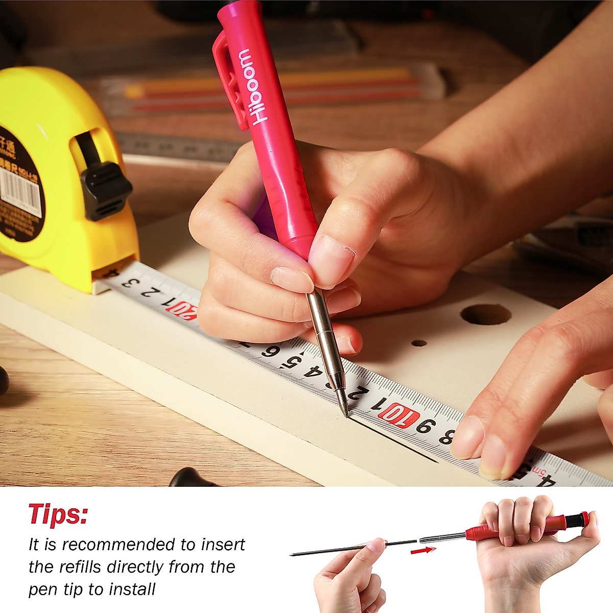 Mechanical Carpenter Pencil Set, 3 Pcs Woodworking Pencil with Built in Sharpener and 12 Pcs Refills, 3 Pcs Long Nose Deep Hole Marker Pen, Scriber Marking Tools for Architect (Red, Black, Yellow)