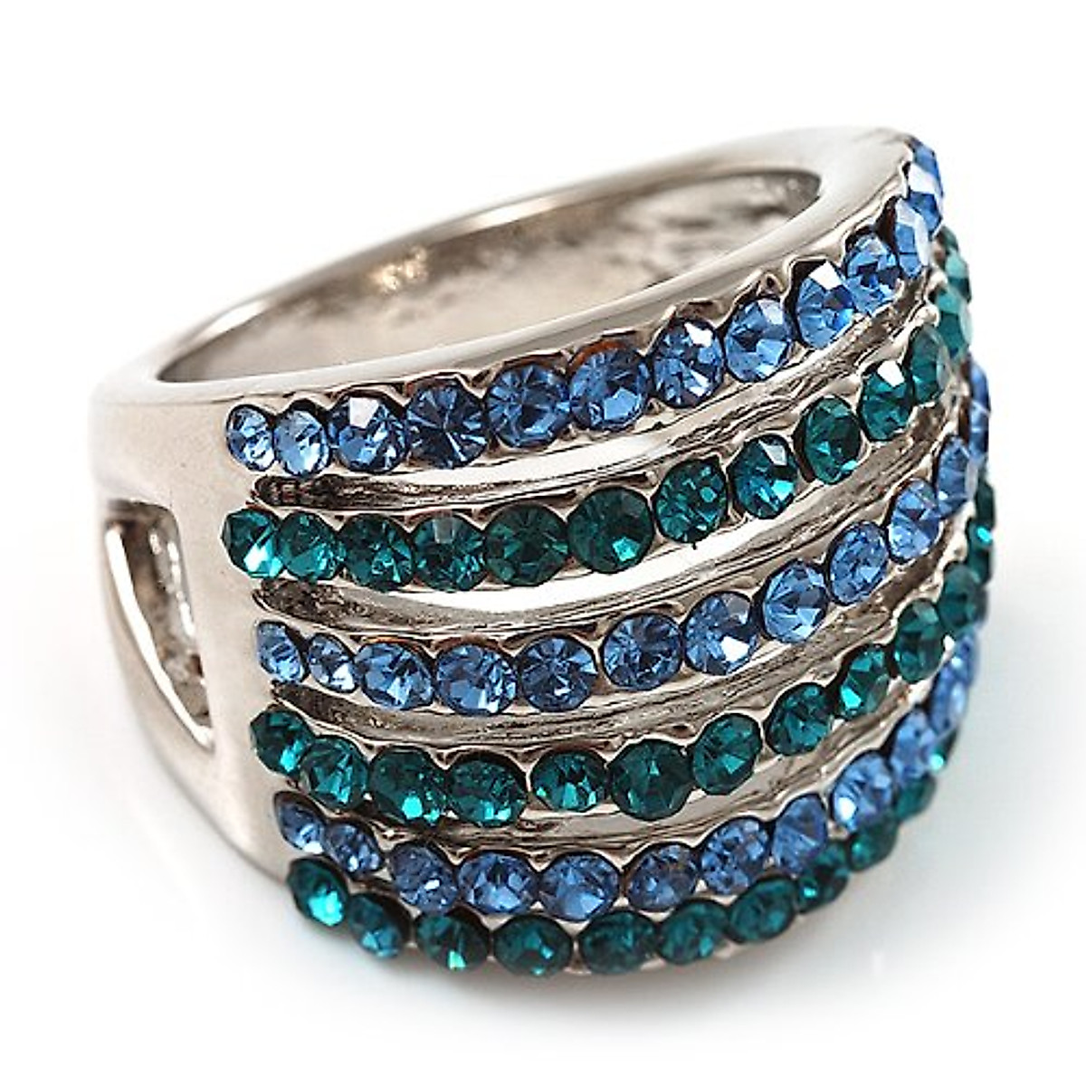 Avalaya Silver Tone Wide Crystal Band Ring (Light Blue & Teal) - size 7