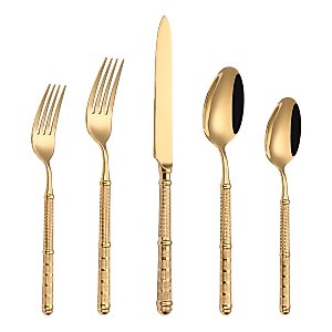 BLEWAR 5-Piece Vintage Gold-Plated Silverware Set for 1 - Elegant Flatware Cutlery Set 18/10 Stainless Steel Tableware Kitchen Utensil Dinnerware Set