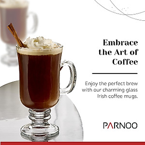 PARNOO Irish Coffee Mugs - 8 oz. Irish Coffee Glass with Handle & Footed Stem Base - Clear Irish Coffee Glasses for Tea, Coffee, & Hot Chocolate - Heavy Duty Irish Coffee Mugs Set of 4