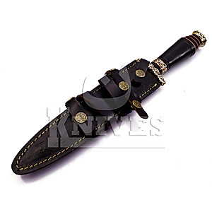 NoonKnives: custom Hand Made Damascus Steel Collectible wavy dagger Knife Handle bull horn with Brass Inserts (Black)
