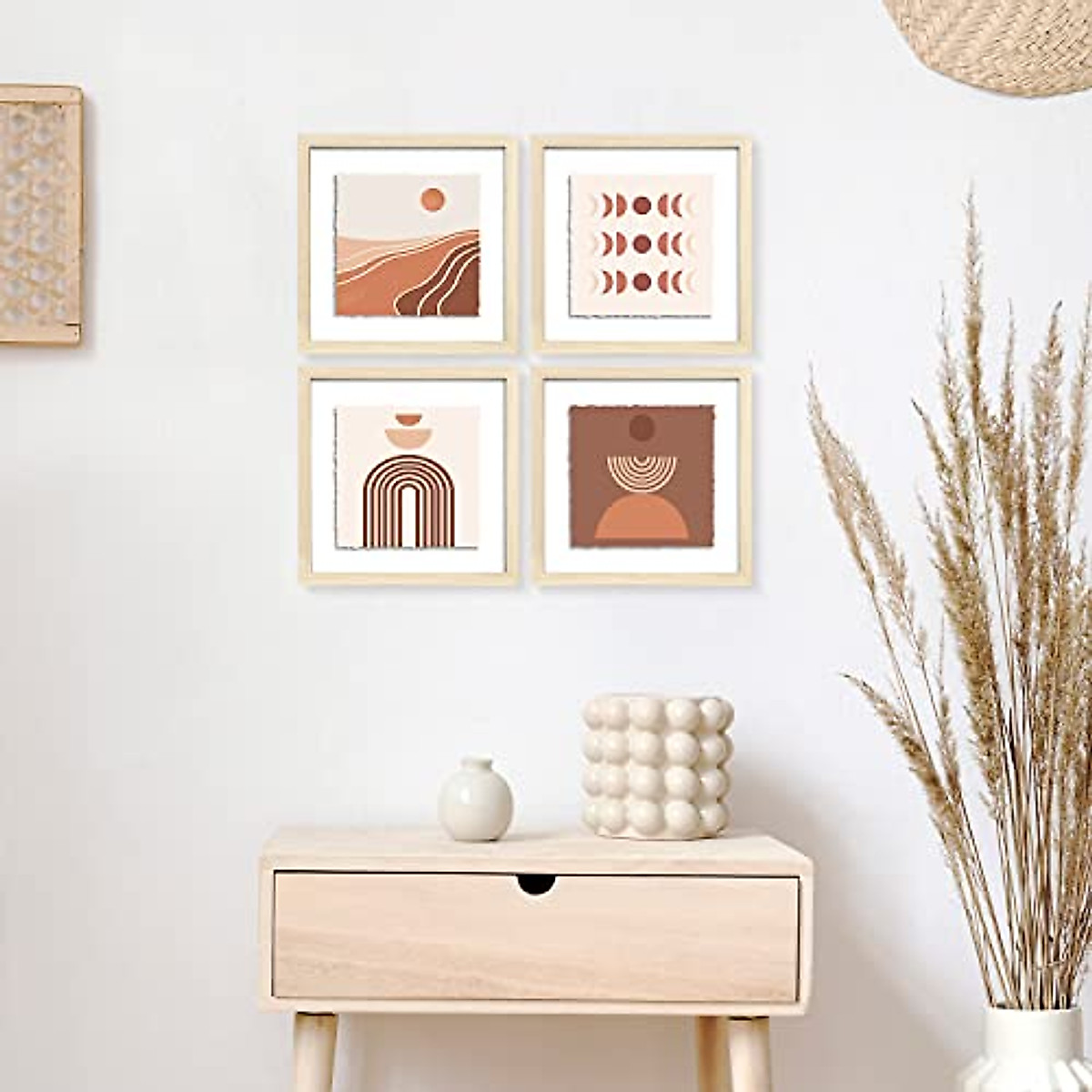 ArtbyHannah 4 Pack 12x12 Framed Boho Wall Art Decor with Decorative Mid Century Art Print Artwork for Gallery Wall or Home Decoration