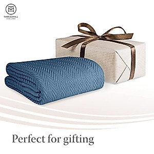 Threadmill Luxury Cotton Blankets for King Size bed | All-Season Cozy 100% Cotton King Size Blanket | Herringbone Soft & Lightweight Fall Thermal Blanket fits Cal King Size Bed | Folkstone Blue