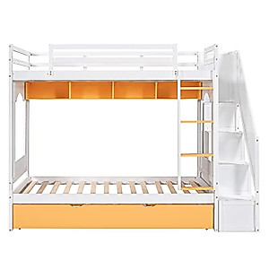 HomSof Twin Over Twin Bunk Bed with Trundle,Stairs,Ladders Solid Wood Bunk Bed with Storage Cabinet （White + Yellow）